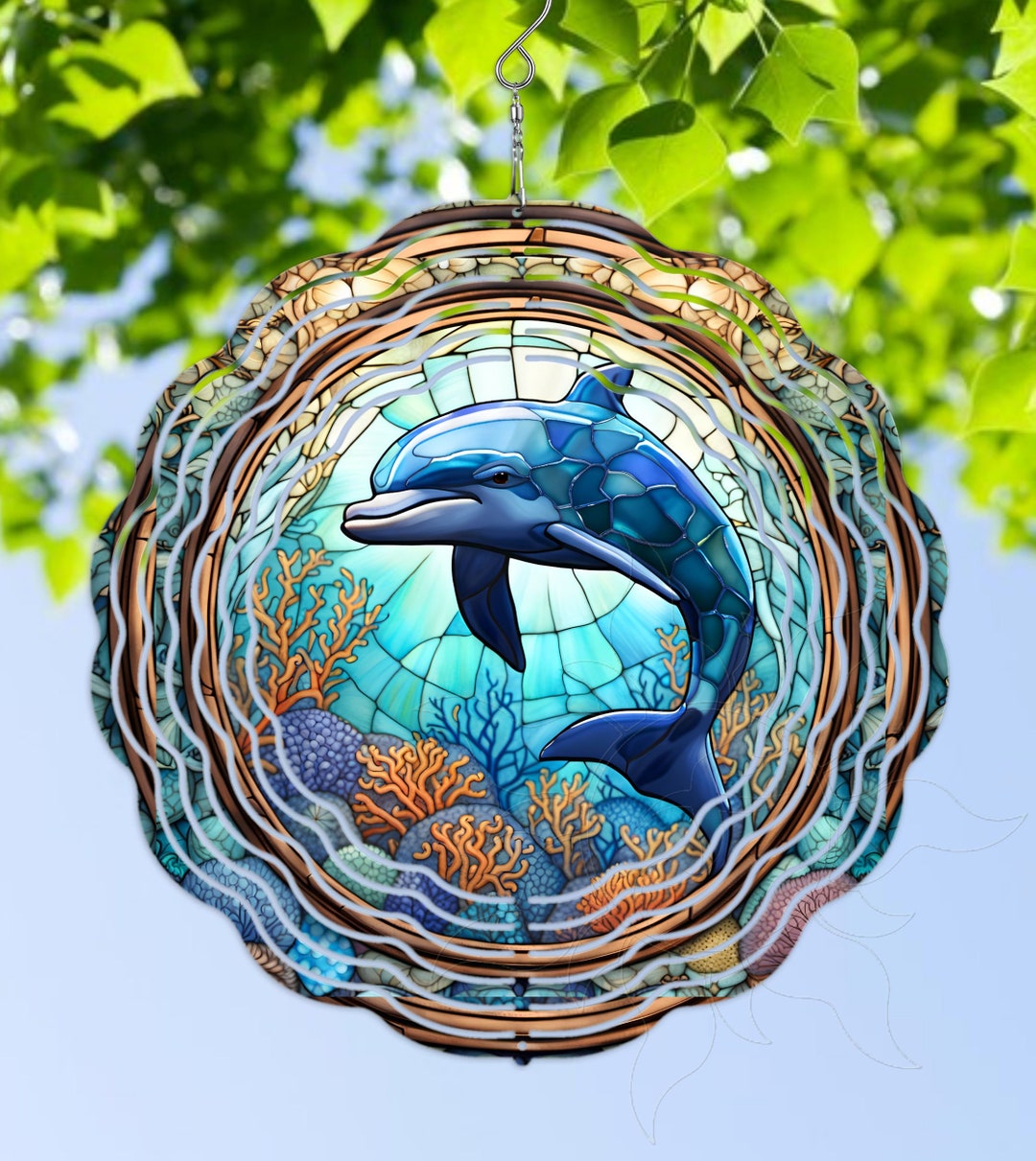 Dolphin Wind Spinner Stained Glass Look 3D Metal Garden Yard Patio ...