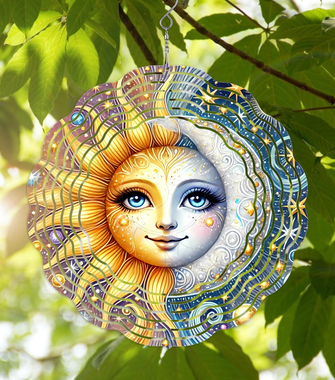 Sun Celestial Moon Wind Spinner Pretty 3D Metal Garden Yard Patio ...