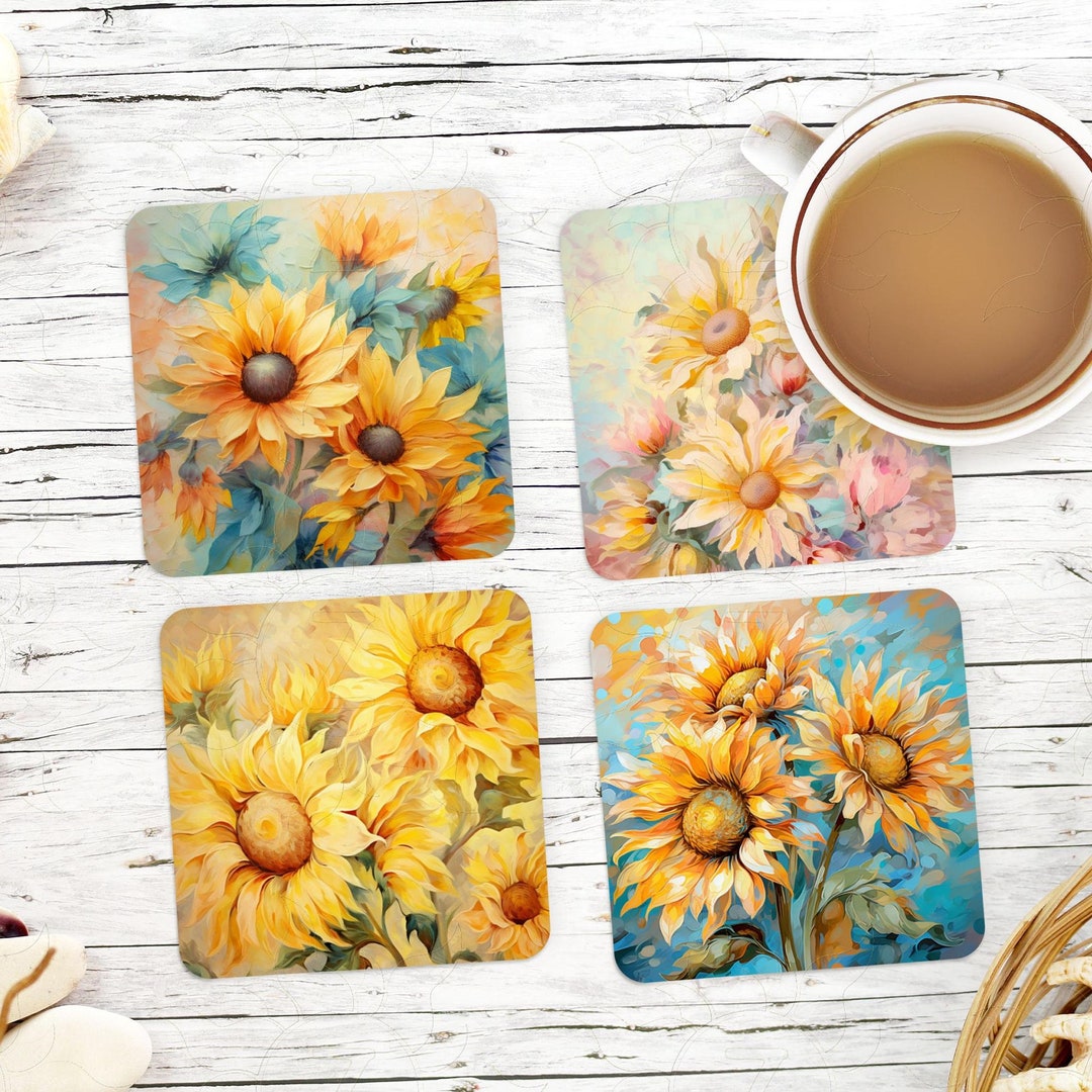 Sunflowers Coaster Colorful Art Designs 4pc Set of Neoprene 4 Square ...