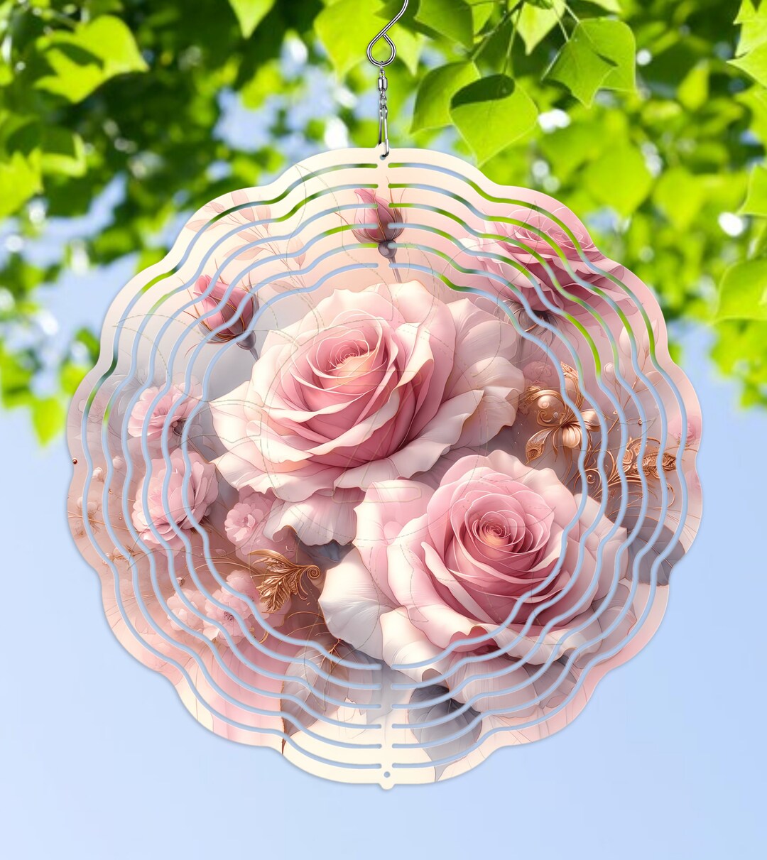 Roses Pale Pink Wind Spinner Beautiful Metal 3D Garden Patio Hanging 10 ...