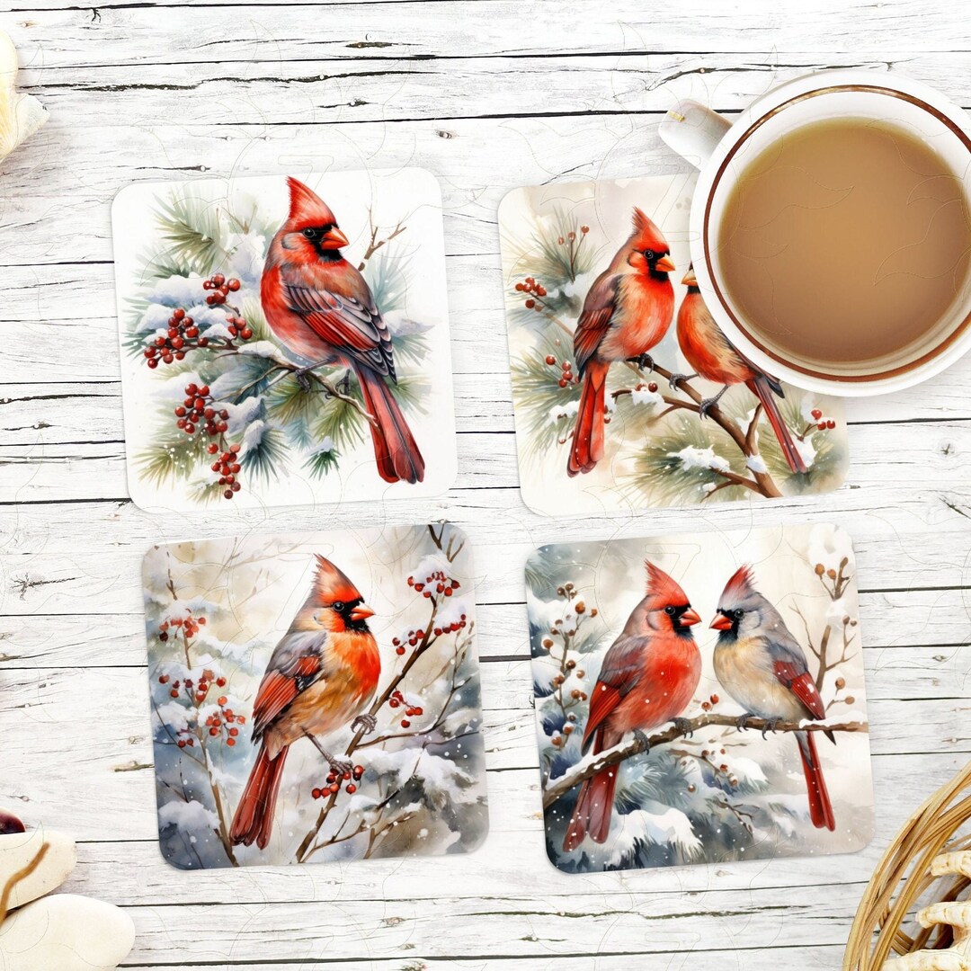 Coaster Cardinal Winter Cardinals Pretty 4pc Set Cute Neoprene 4 Inch ...