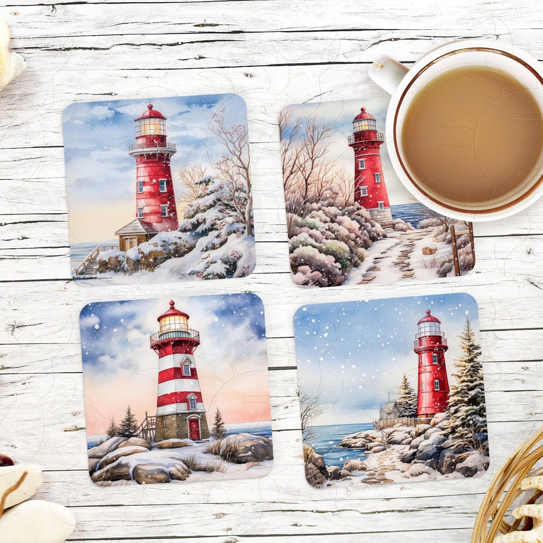 Lighthouse Coasters Winter Scene 4pc Set Neoprene Square Drink Coffee ...