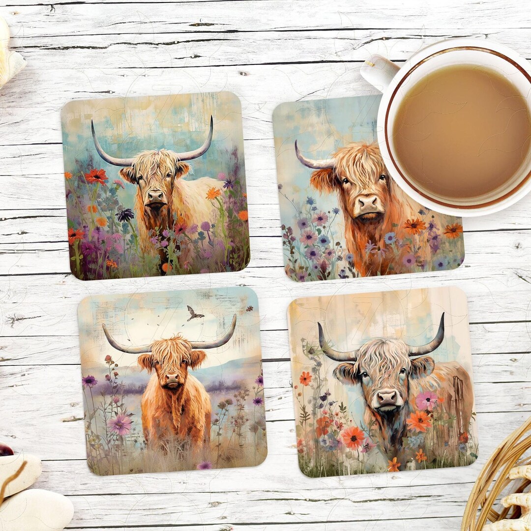 Highland Cow Coasters 4pc Set Neoprene Square Drink Coffee House 4 ...