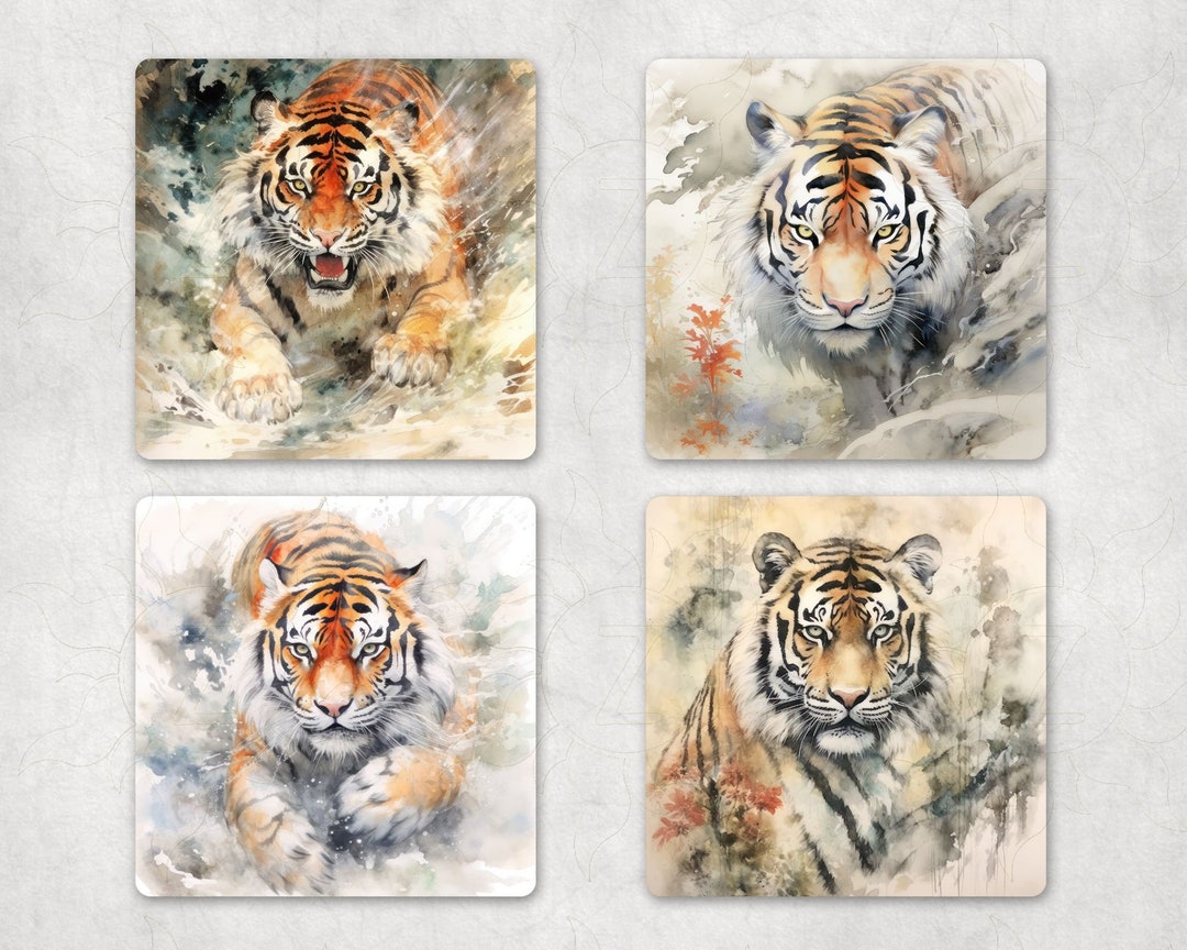 Tiger Coaster Japanese Watercolor 4pc Set Pretty Neoprene - Etsy