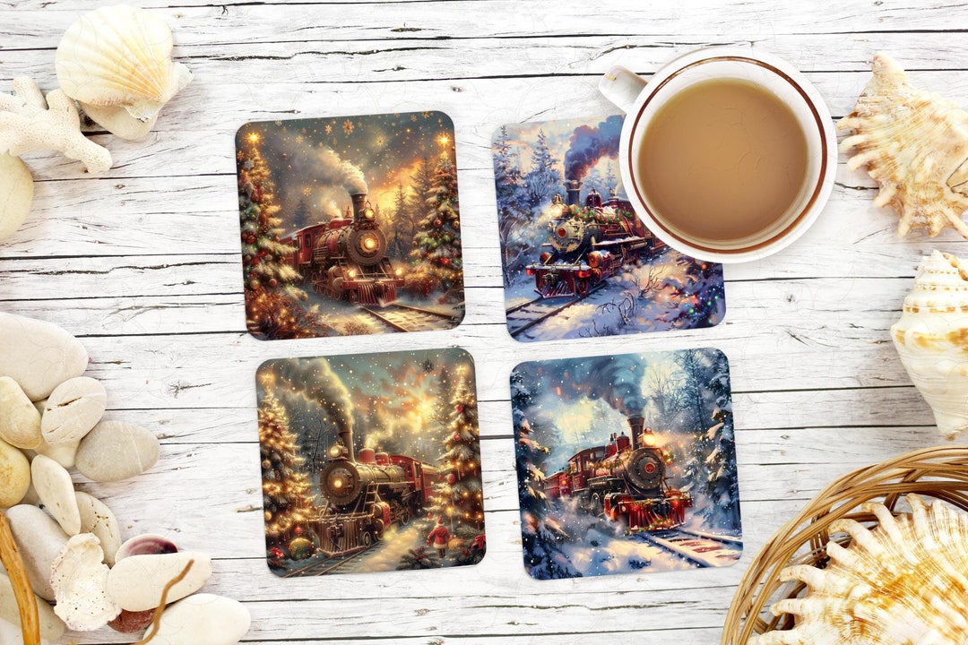 Vintage Steam Train Coaster Winter Trains Holiday Scene 4pc Set Cute ...
