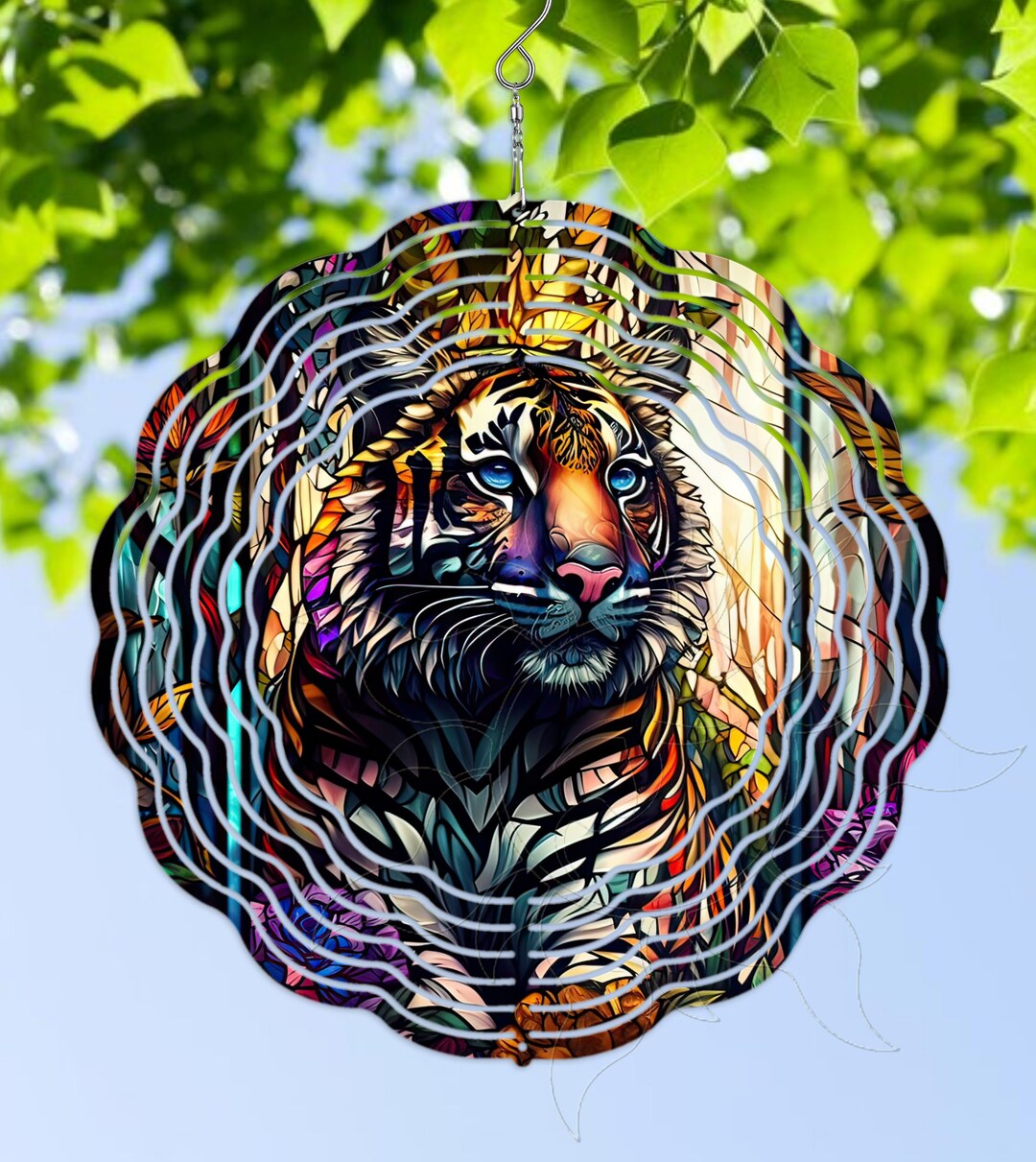 Tiger Wind Spinner Stained Glass Look Mystic Tigers 3D Metal Garden ...
