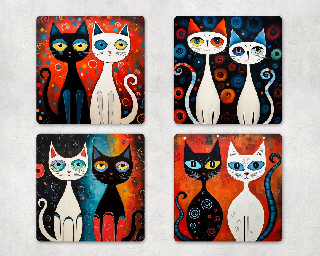 Colorful Cat Coaster Cute Cats 4pc Set Neoprene 4 Square Coasters Home ...