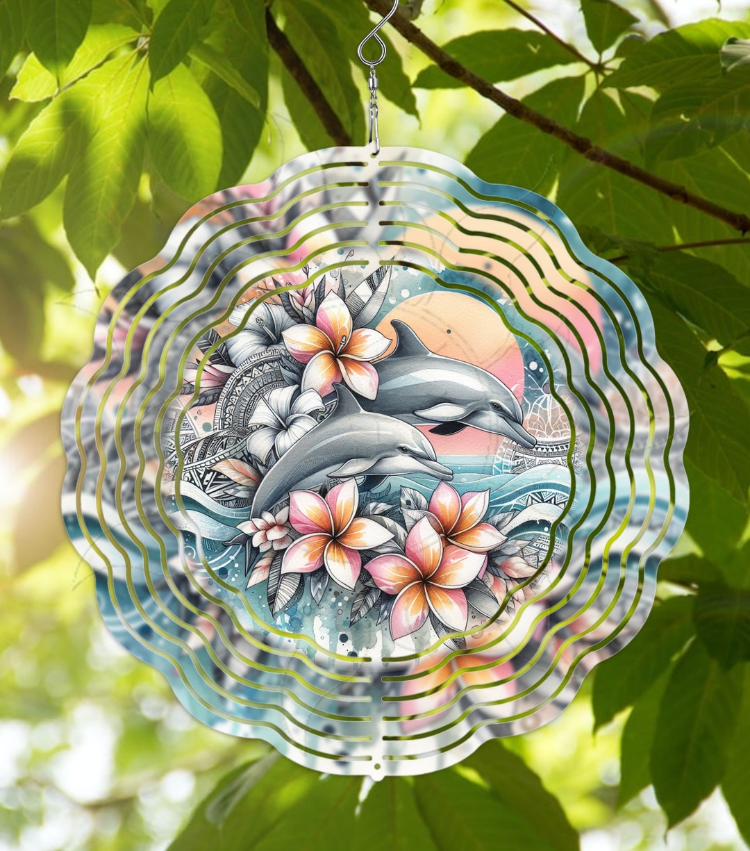Dolphins Wind Spinner Sea Animals Floral Pretty 3D Metal Garden Yard ...