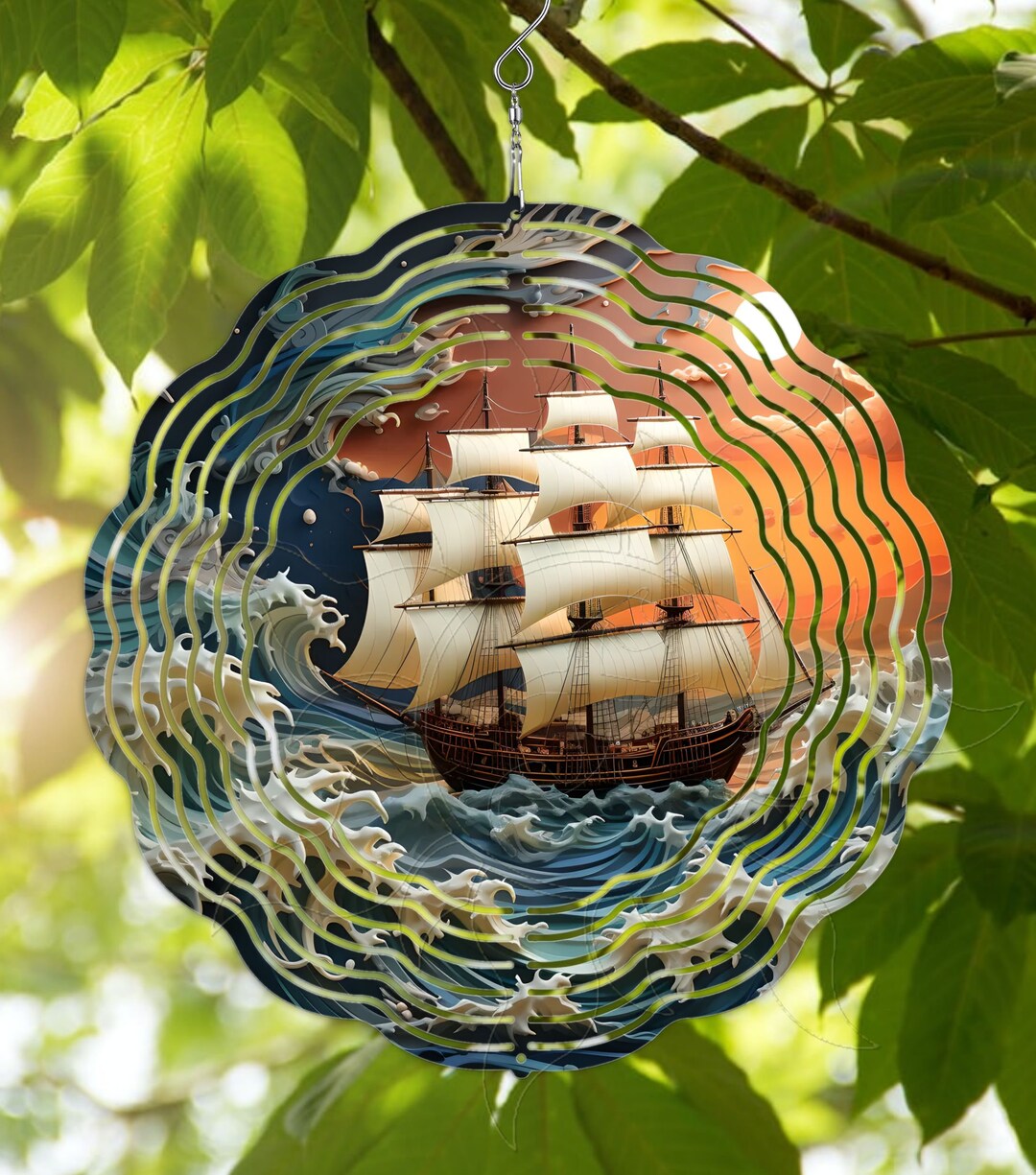 Sailing Ship Wind Spinner 3D AI Art Ocean 3D Metal Garden Patio Hanging ...