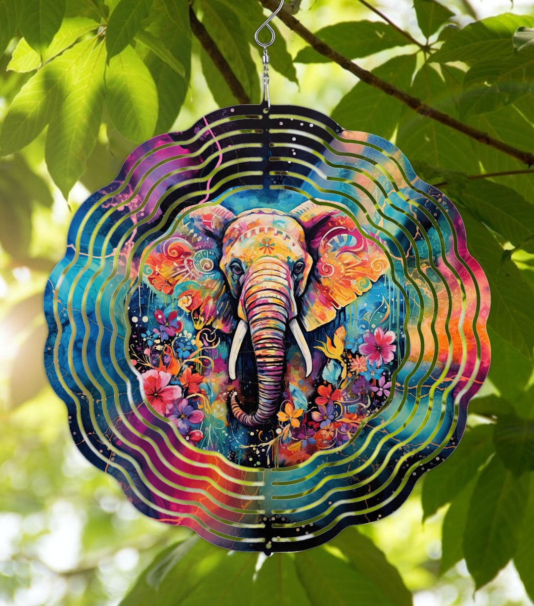 Elephant Flowers Wind Spinner Alcohol Ink Look Colorful 3D Metal Garden ...
