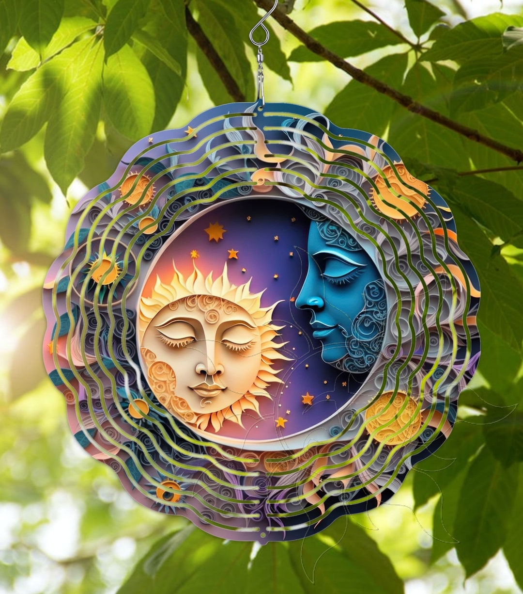 Wind Spinner Sun and Celestial Moon Pretty Quilling 3D Metal Garden ...