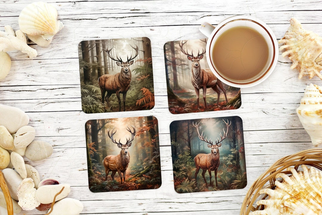 Deer Coasters Woods Forest Scene 4pc Set Neoprene Square Drink Coffee ...