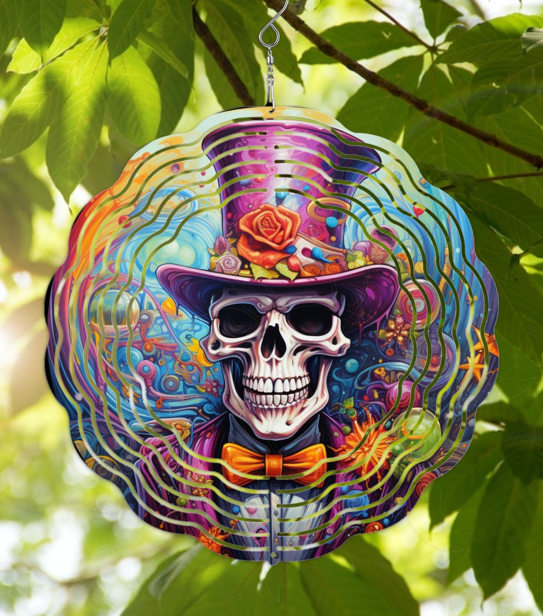 Wind Spinner 3D Skull in Top Hat 3D Metal Garden Yard Decor Hanging 10 ...