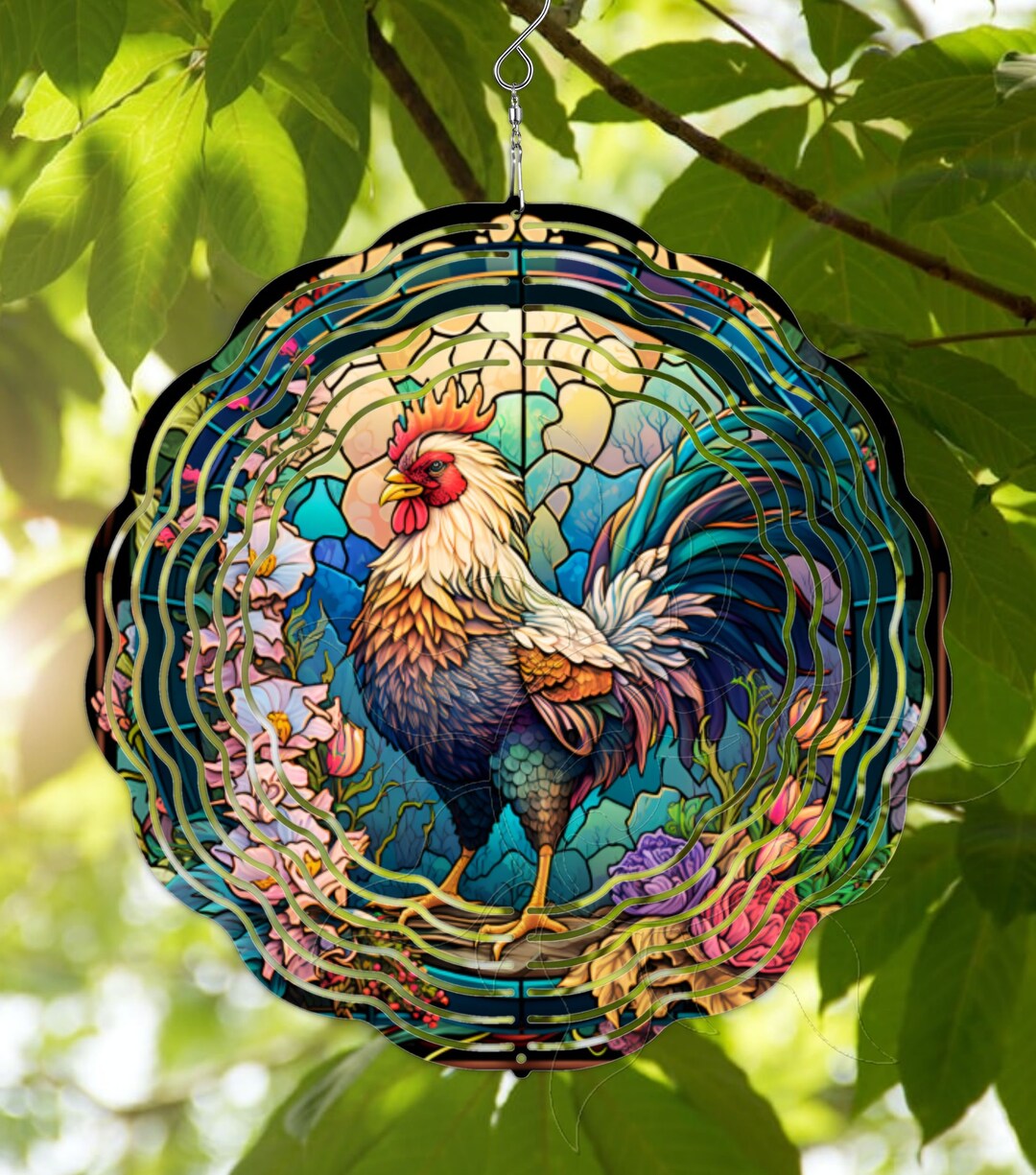 Wind Spinner Rooster Faux Stained Glass Look Roosters Chicken 3D Metal ...