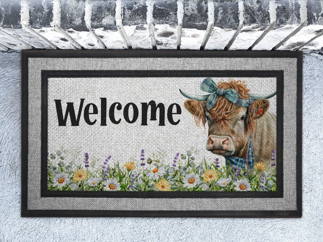 Highland Cow Doormat Welcome Flowers Country Life Cows Welcome Mat ...