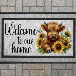 Doormat Welcome to Our Home Highland Cow With Sunflowers Mat Rug Heavy ...