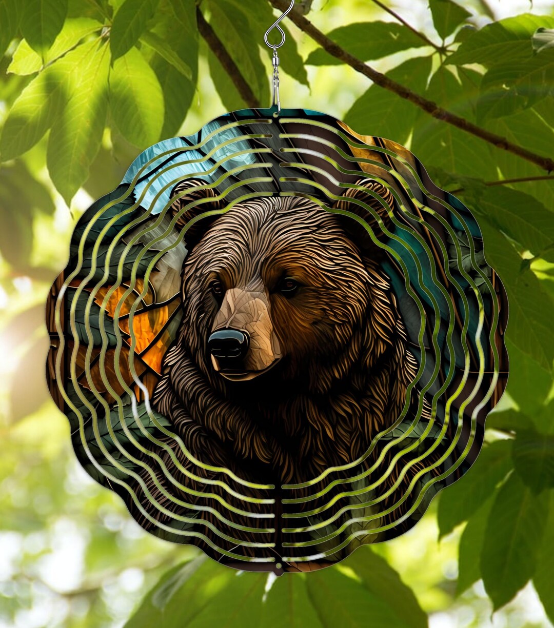 Brown Bear Wind Spinner Stained Glass Look 3D Metal Garden Yard Patio ...