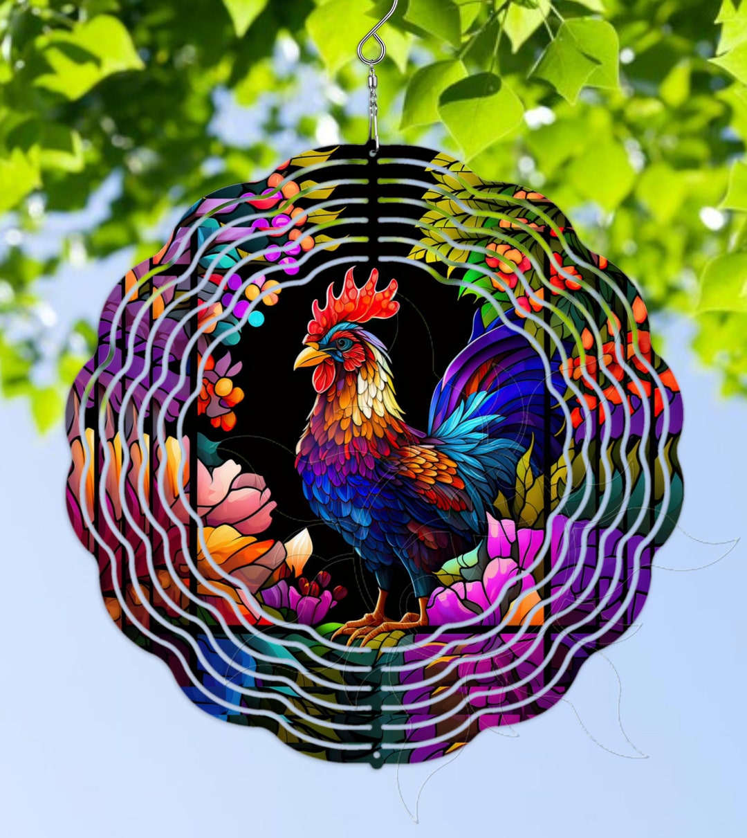Rooster Wind Spinner Colorful 3D Metal Garden Yard Hanging 10 Inches ...