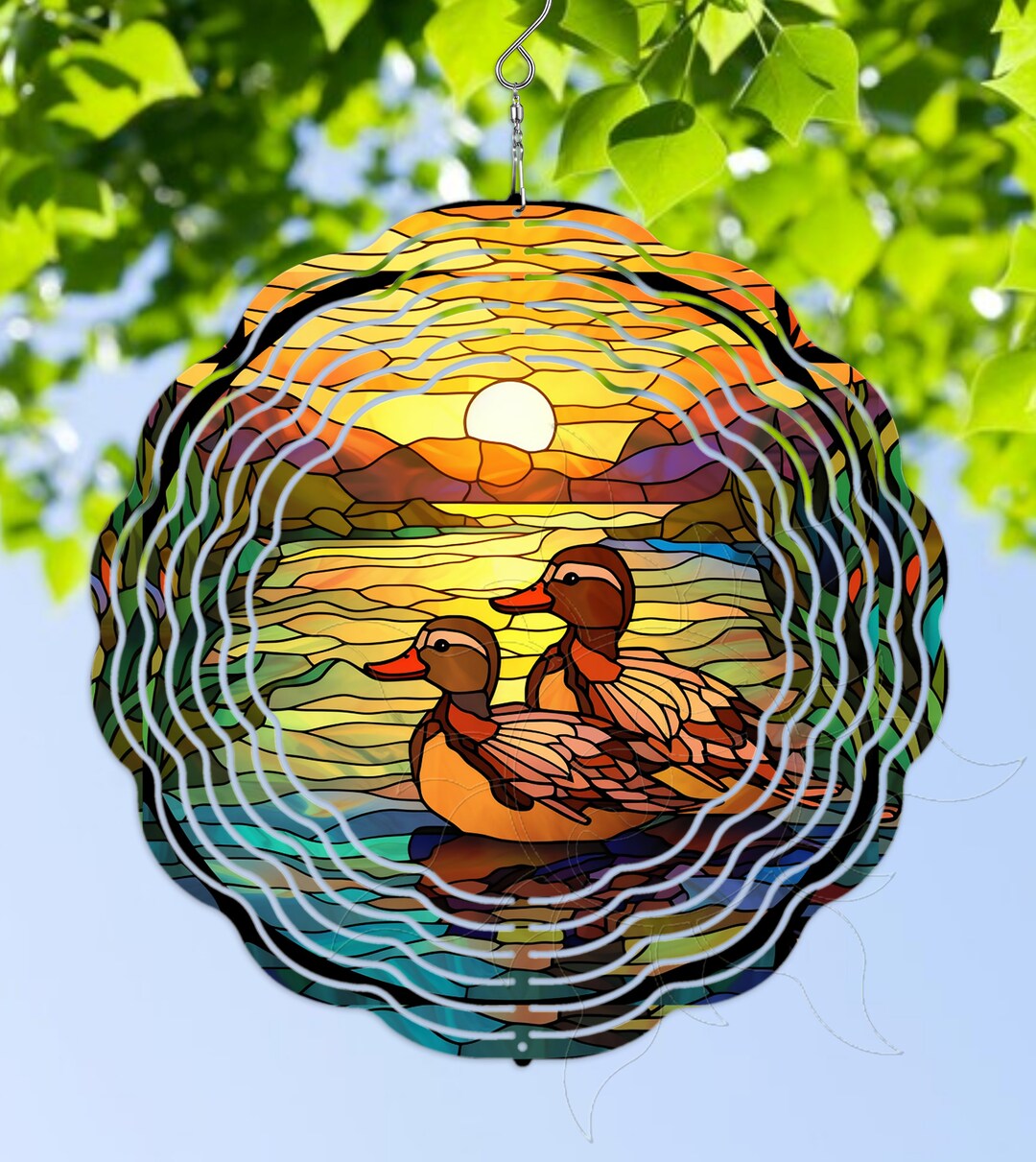Ducks Wind Spinner Stained Glass Look Lake Sunset 3D Metal Garden Yard ...