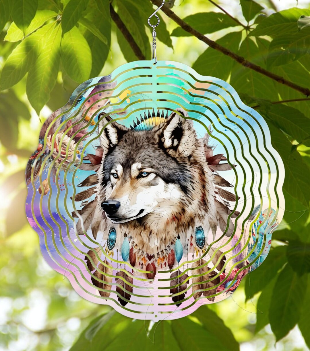 Wolf Wind Spinner Boho Scenery Beautiful 3D Metal Garden Patio Hanging ...