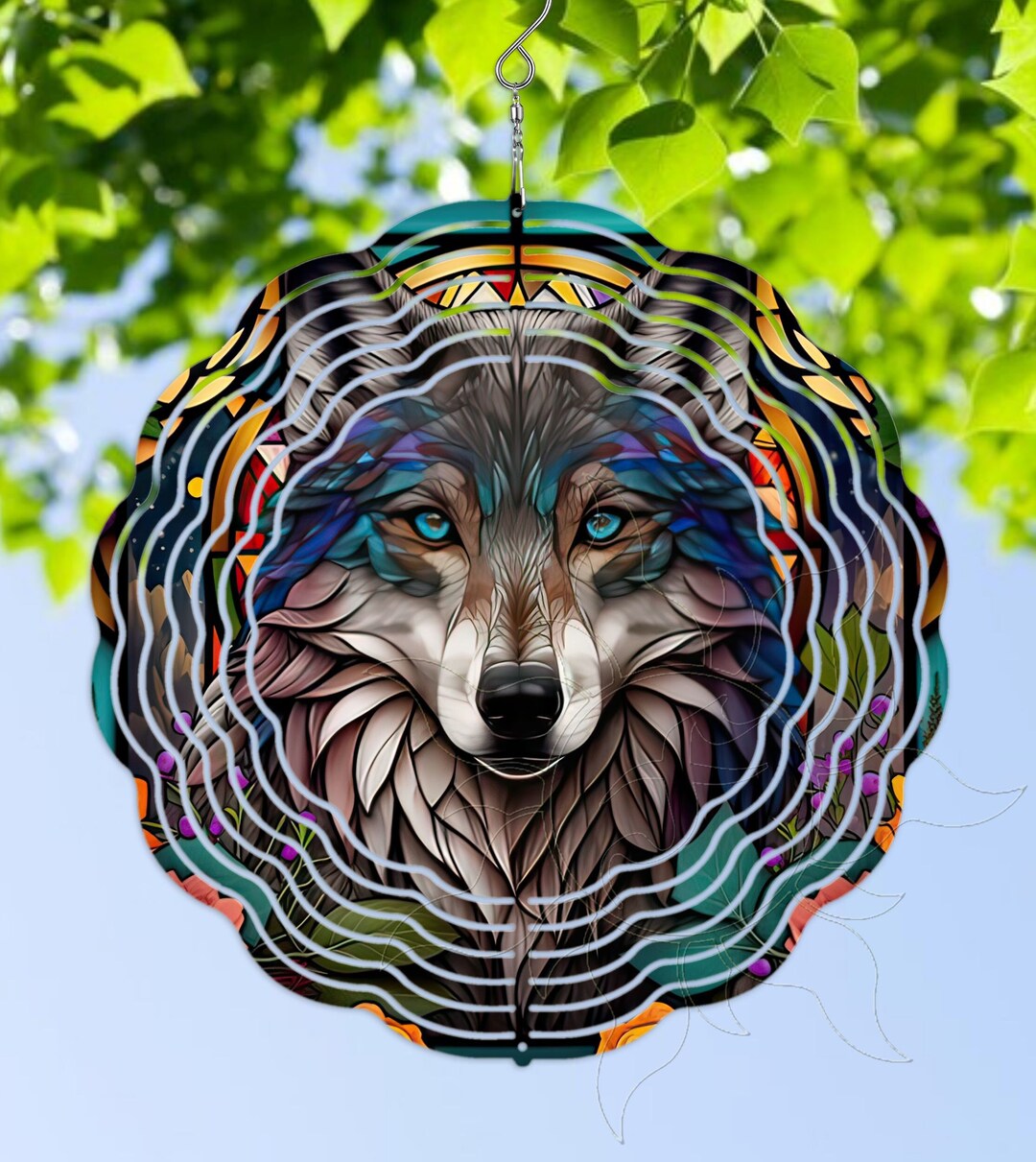 Wolf Wind Spinner Stained Glass Look Mystic 3D Metal Garden Yard Patio ...