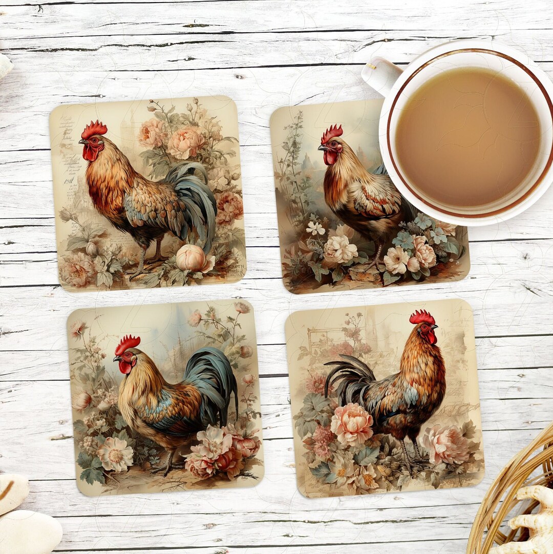 Rooster Coaster Vintage Look Roosters 4pc Set Neoprene Square Drink ...