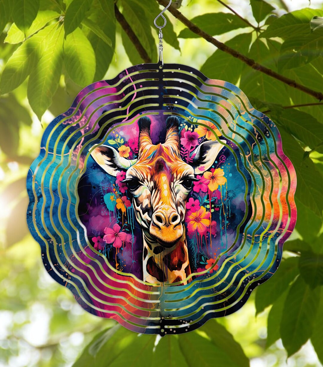 Giraffe Wind Spinner Alcohol Ink Look Flowers Colorful 3D Metal Garden ...
