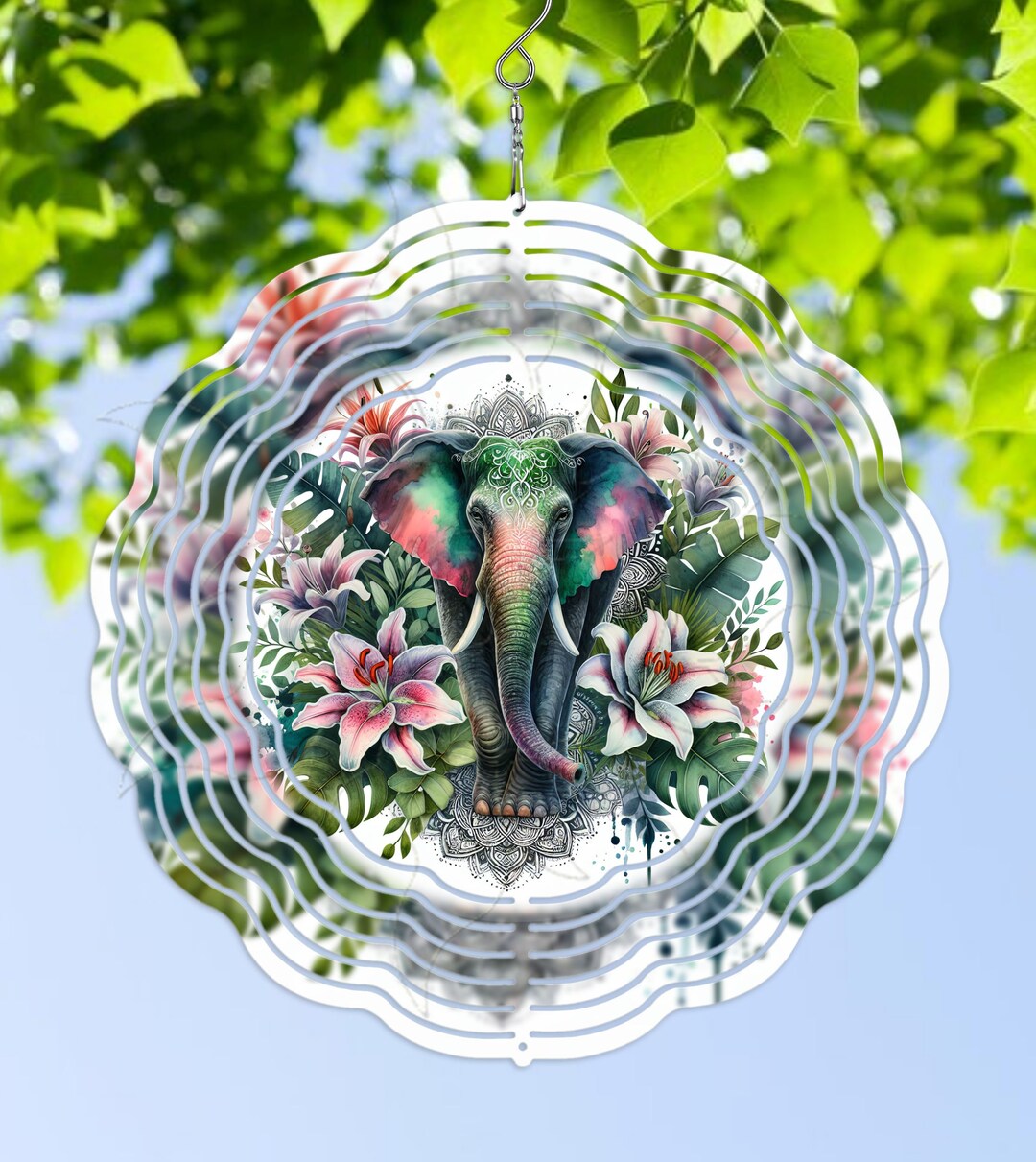 Wind Spinner Tropical Elephant Floral 3D Metal Garden Yard Patio ...