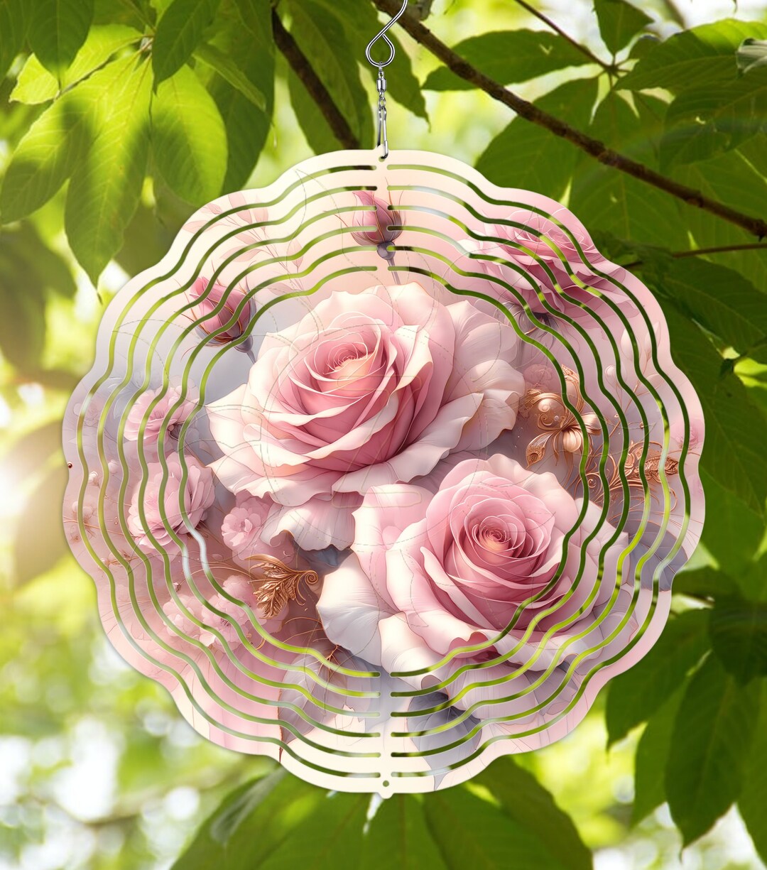 Roses Pale Pink Wind Spinner Beautiful Metal 3D Garden Patio Hanging 10 ...