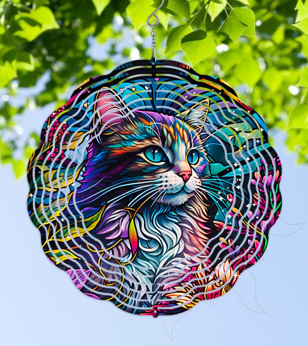 Wind Spinner Cat Stained Glass Look Colorful Blue Eye Cats 3D Metal ...