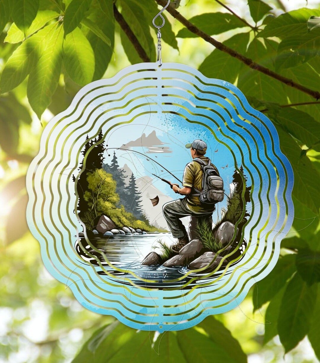 Wind Spinner Fishing Fishman 3D Metal Garden Patio Hanging 10 Inches ...