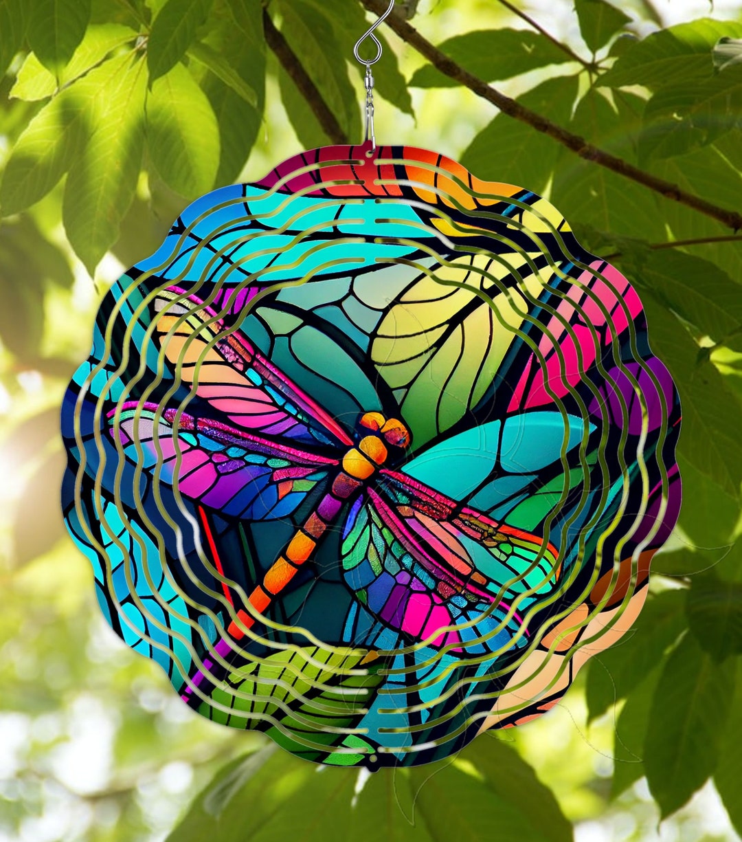 Dragonfly Wind Spinner Stained Glass Look Pretty 3D Metal Garden Patio ...