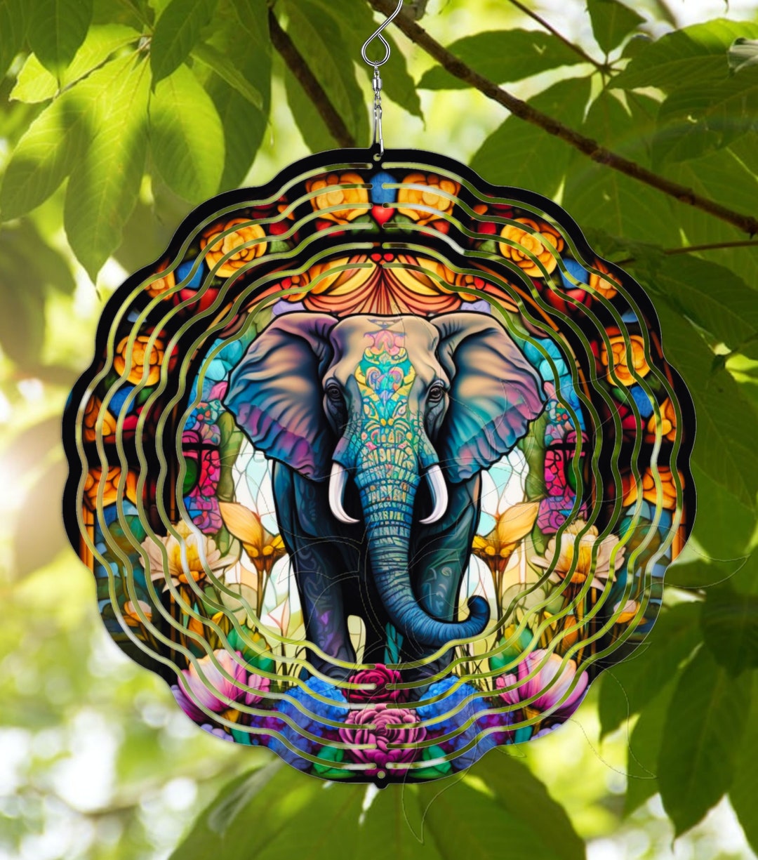 Elephant Wind Spinner: Mystic Stained Glass Style, 3D Metal Garden ...