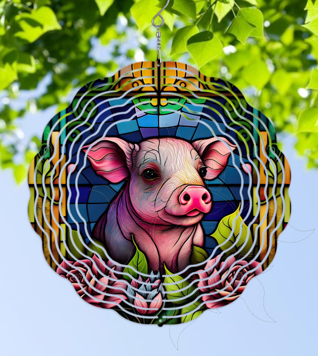 Pink Pig Wind Spinner Faux Stained Glass Look Cute 3D Metal Garden Yard ...