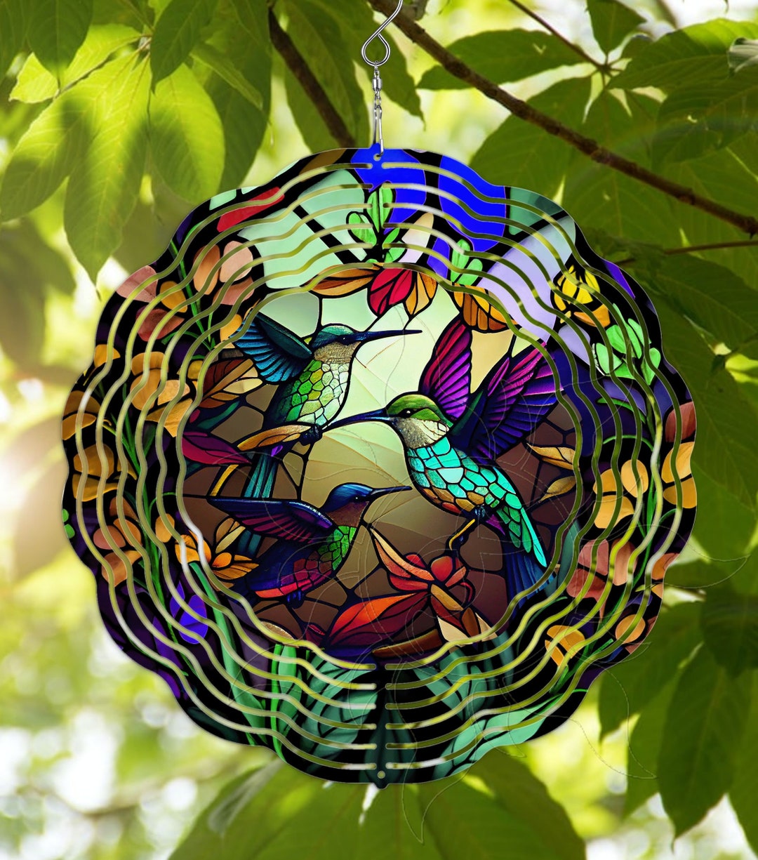 Hummingbirds Wind Spinner Hummingbird Stained Glass Look 3D Metal ...