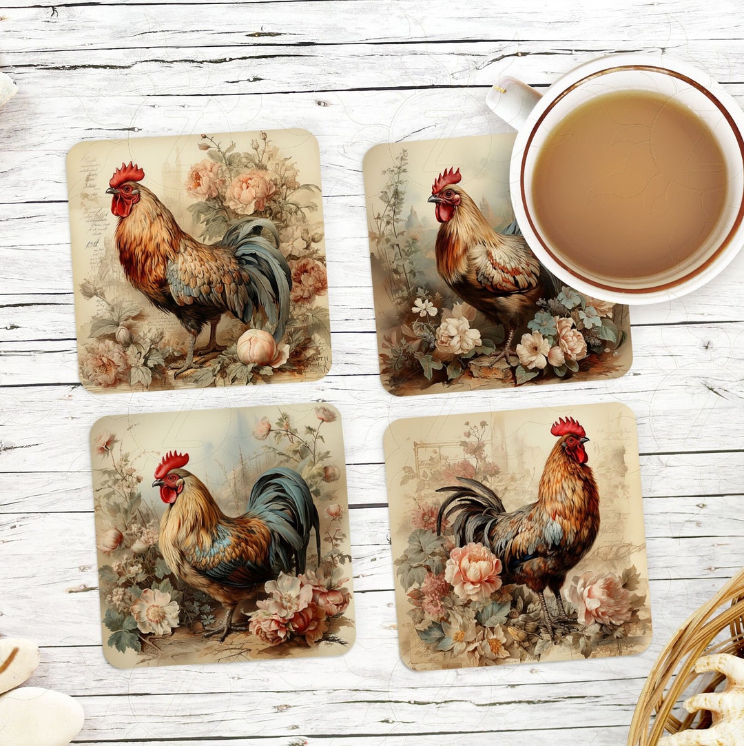 Rooster Coaster Vintage Look Roosters 4pc Set Neoprene Square Drink ...