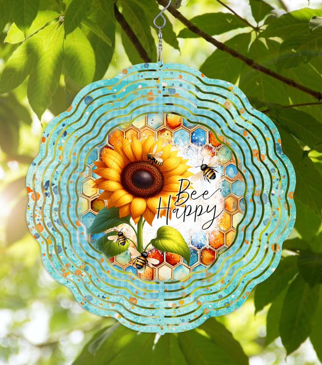 Wind Spinner Bee Happy Sunflower Cute 3D Metal Garden Yard Hanging 10 ...