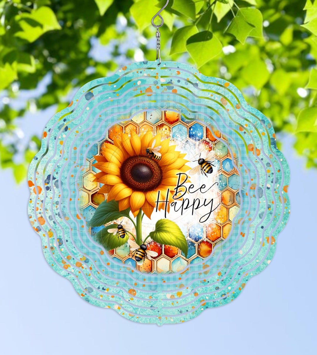 Bee Happy Wind Spinner Sunflower Cute 3D Metal Garden Yard Hanging 10 ...