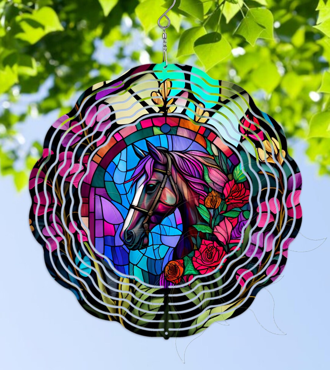 Wind Spinner Horse Pretty Stained Glass Look 3D Metal Garden Yard Patio ...