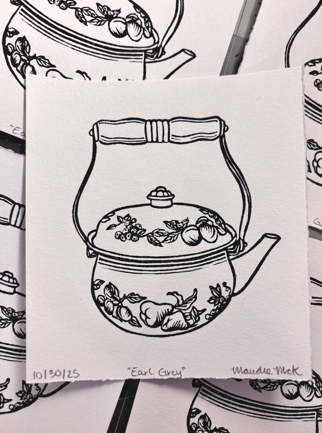 Handmade “earl Grey” Tea Kettle Linocut Print | 5x5.5 - Etsy