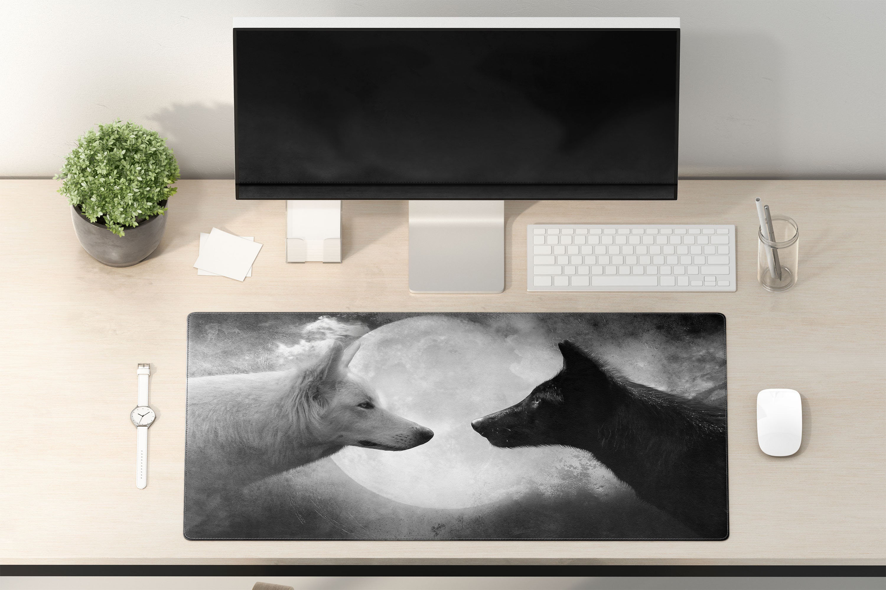 Black & White Wolves Desk Mat Wolf Full Moon Mouse Pad - Etsy