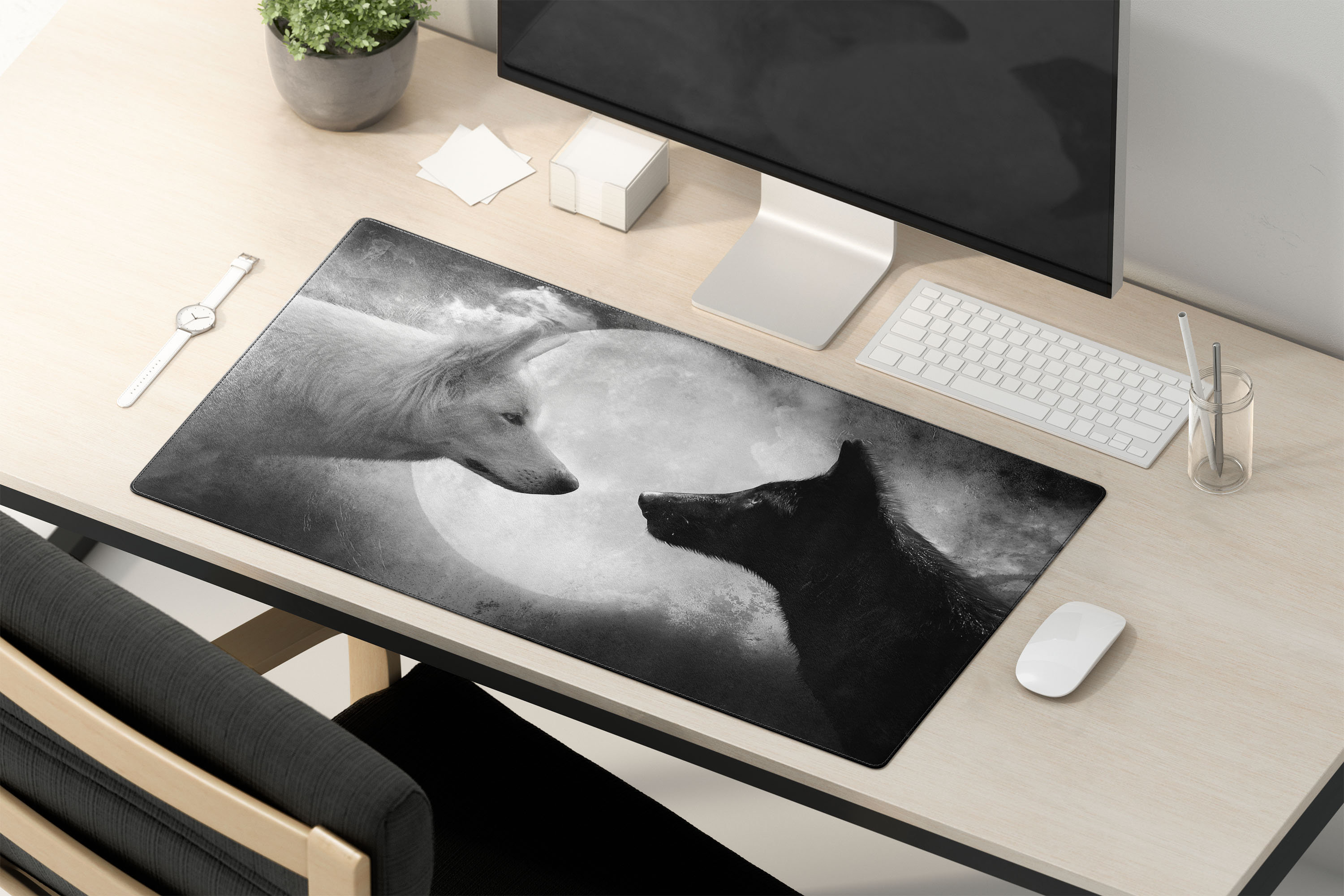 Black & White Wolves Desk Mat Wolf Full Moon Mouse Pad - Etsy
