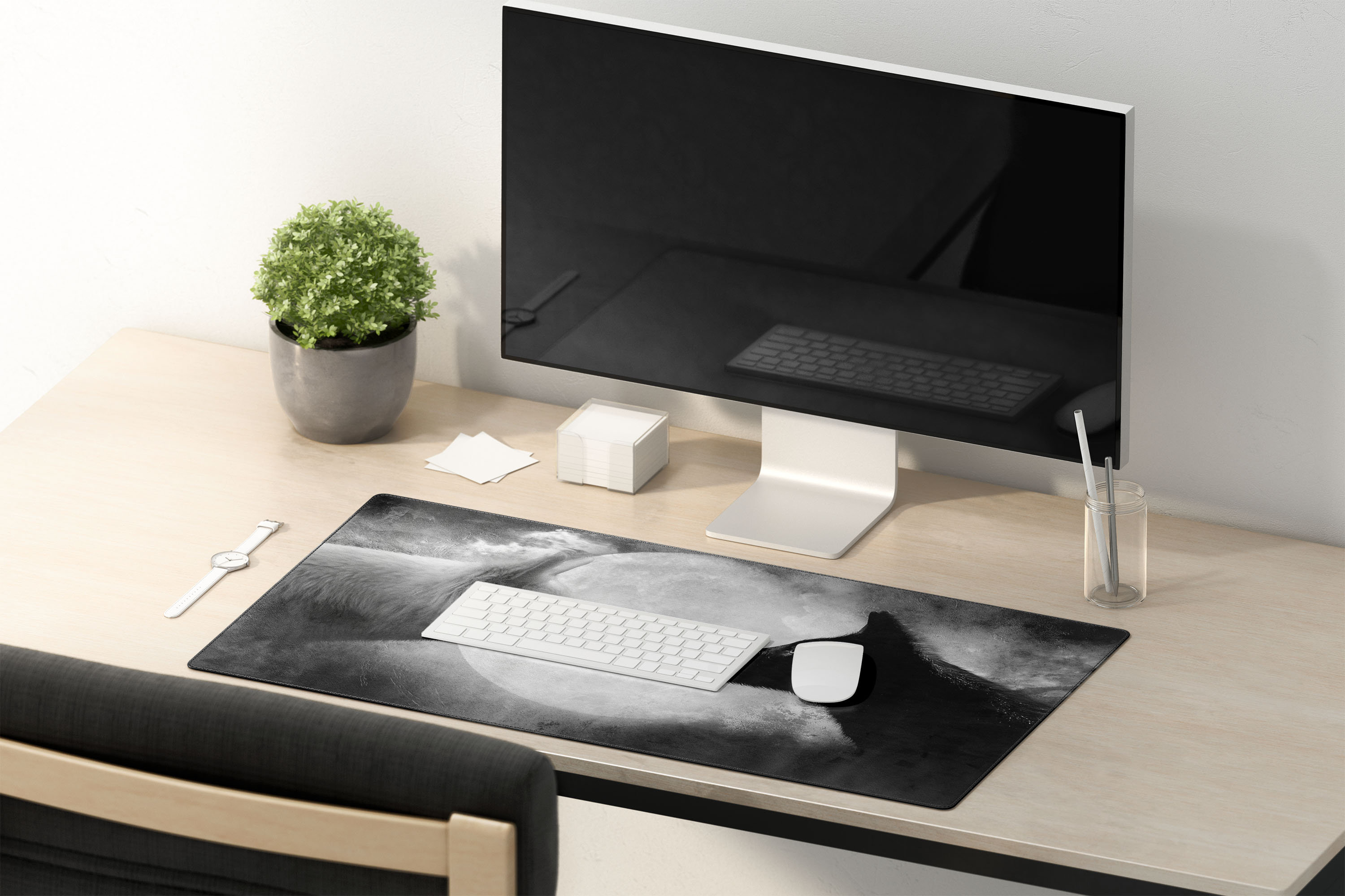 Black & White Wolves Desk Mat Wolf Full Moon Mouse Pad | Etsy