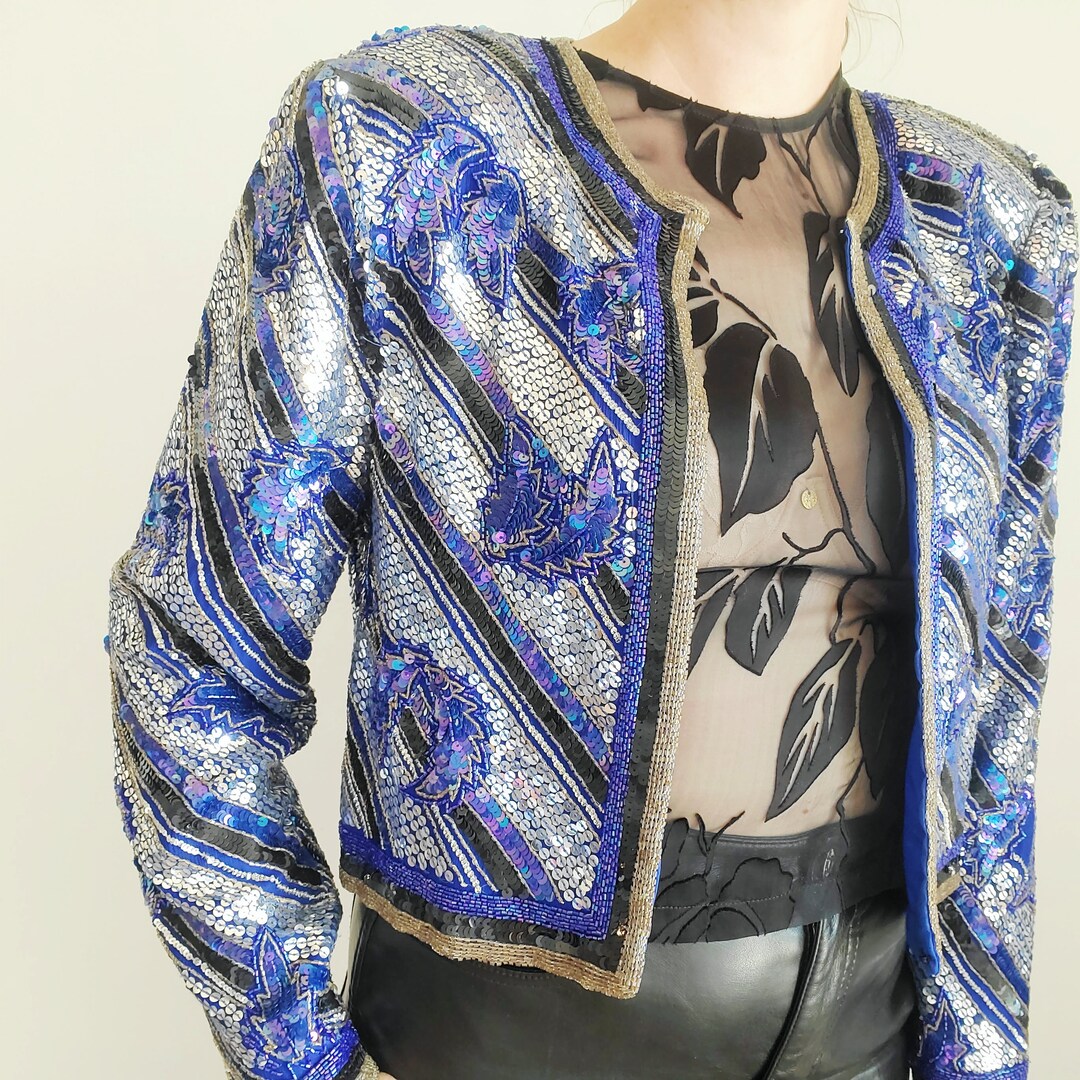 Vintage Neiman Marcus Blue and Silver Heavily Sequined Cropped Evening ...