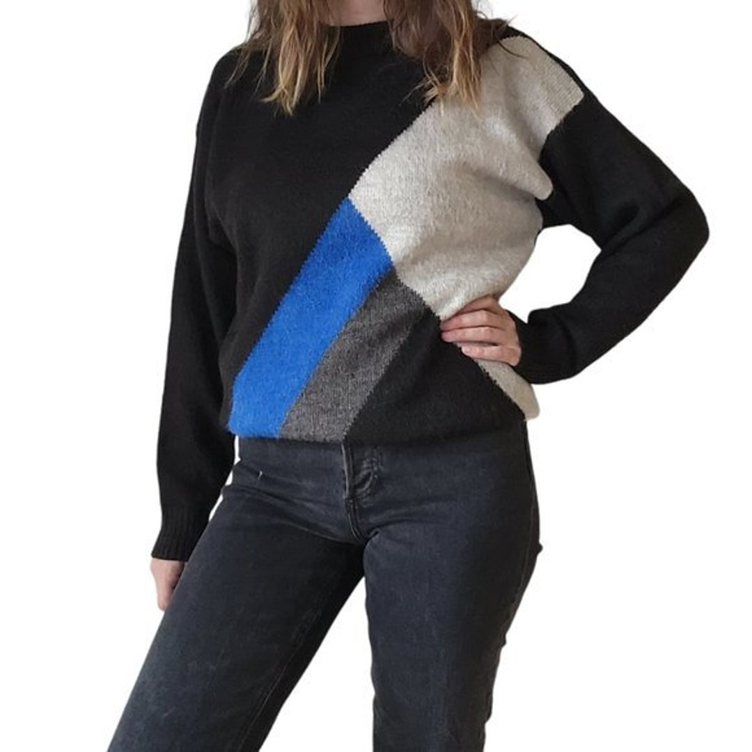 Vintage Alpaca Peruvian Wool Black Grey Blue Colorblock Sweater - Etsy