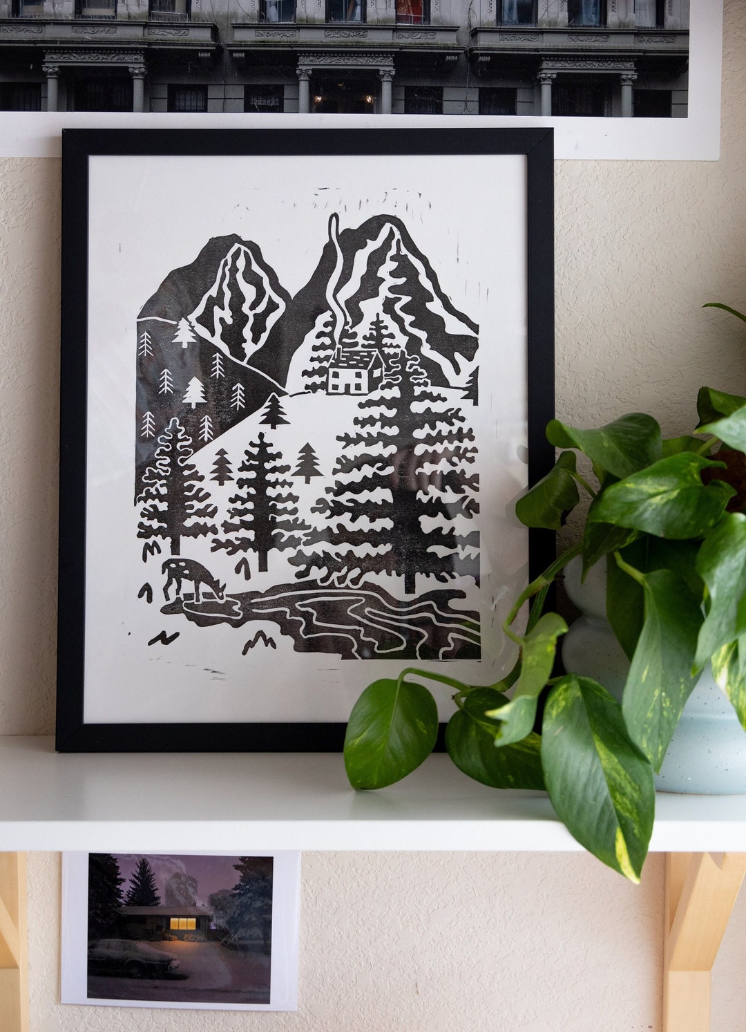 Linocut Print Cabin and Deer Woodland Scene - Etsy