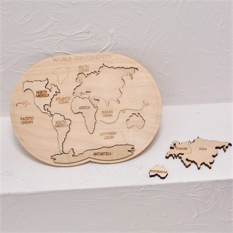 Continents & Oceans Wooden Educational Puzzle (with Card) - Etsy