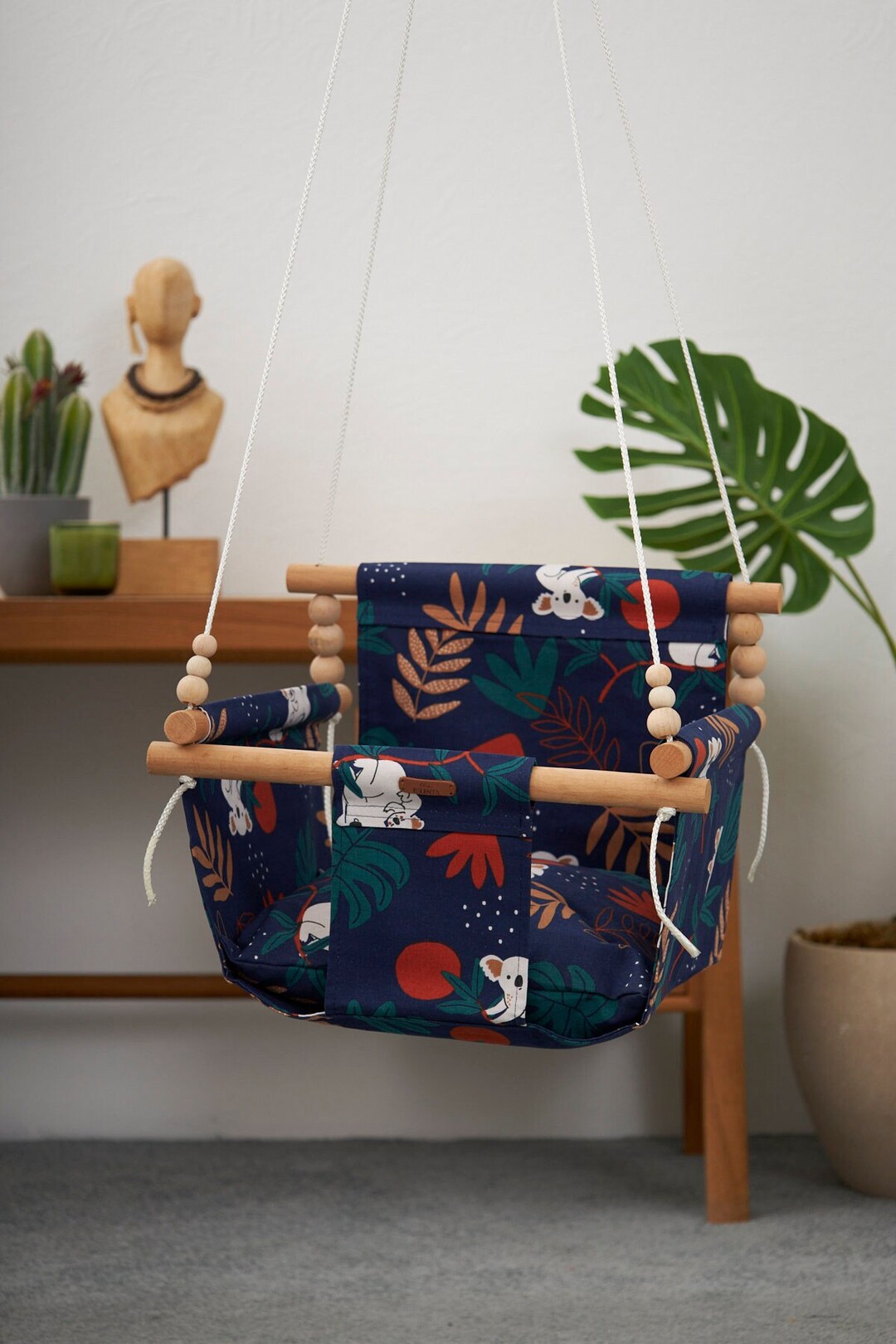 Koala-patterned Natural Cotton Fabric & Wooden Baby Swing - Etsy