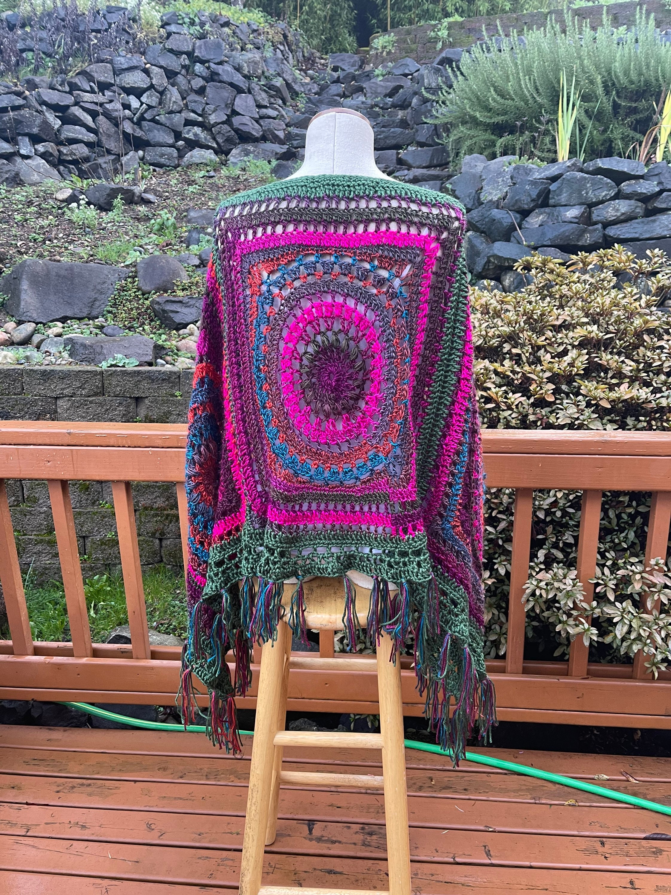 Boho Granny Square Poncho With Fringe | Etsy
