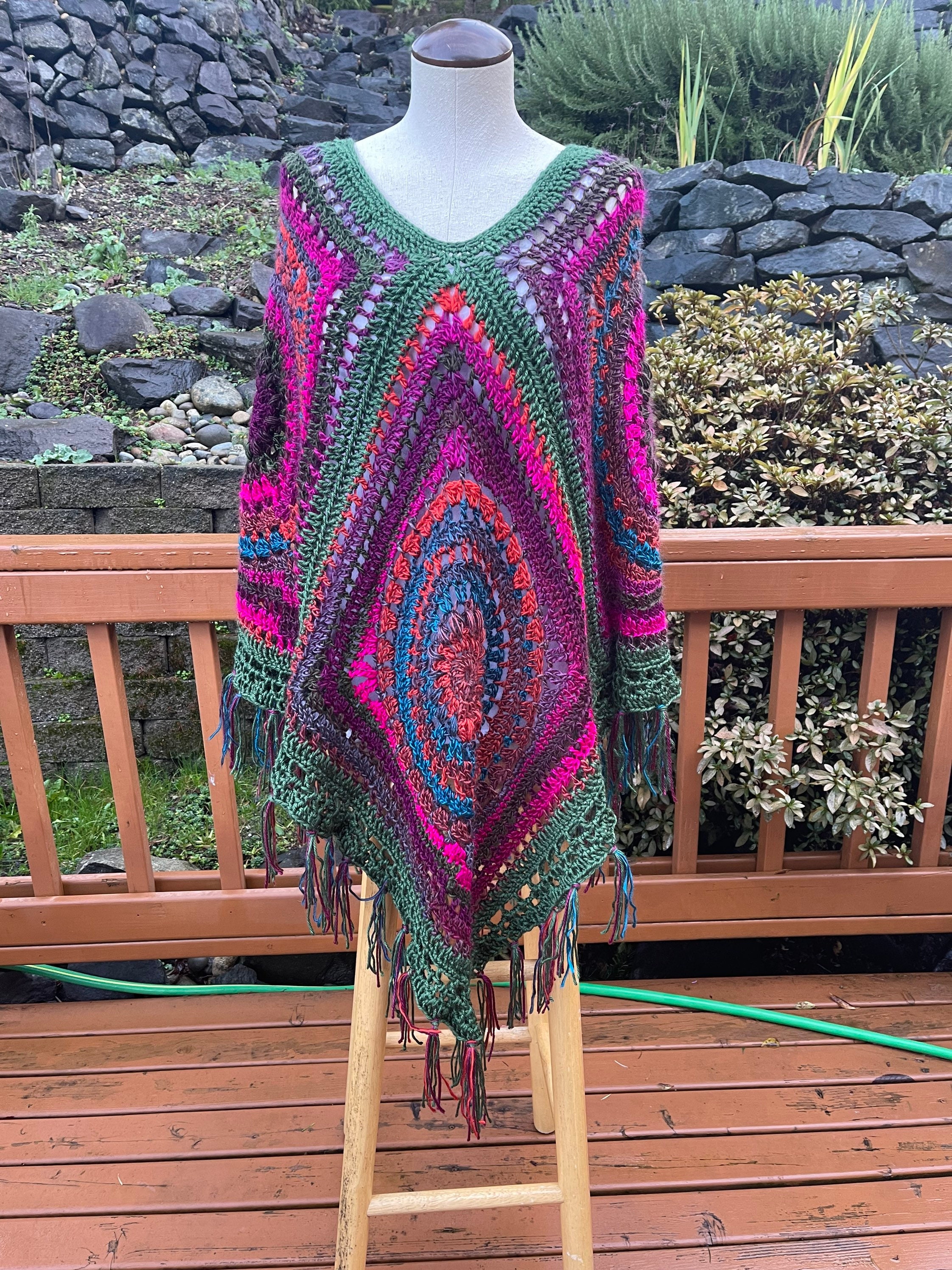 Boho Granny Square Poncho With Fringe - Etsy